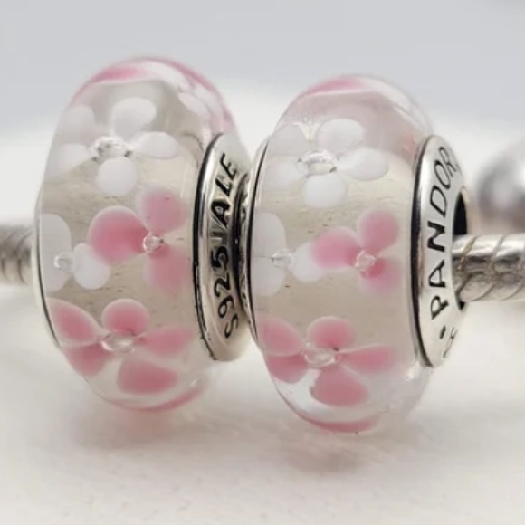 Pandora | Jewelry | Pandora Pair Of Pink And White Flower Murano Glass ...
